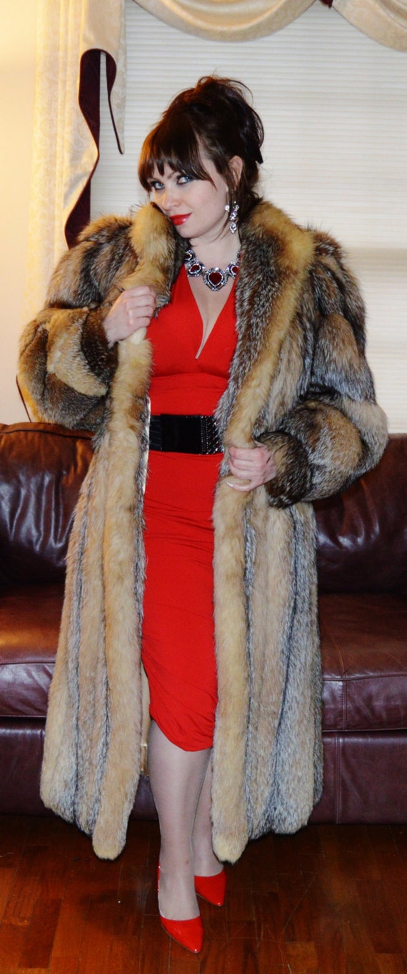 Stunning Vintage Genuine Crystal Fox Fur Long Coat Full
