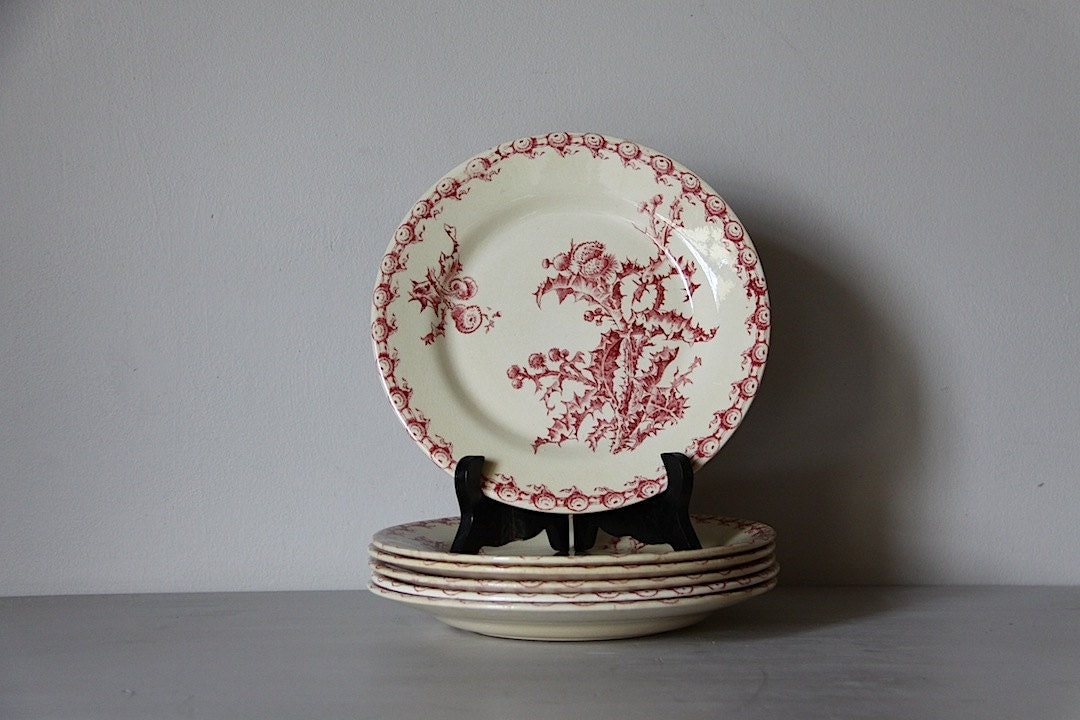 Antique French Faience Transferware Plate Tea Stained Gien Chardons ...