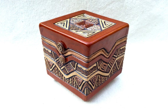 Aztec Lidded Slab Pottery Box Hand Built Hand by KittingerClay