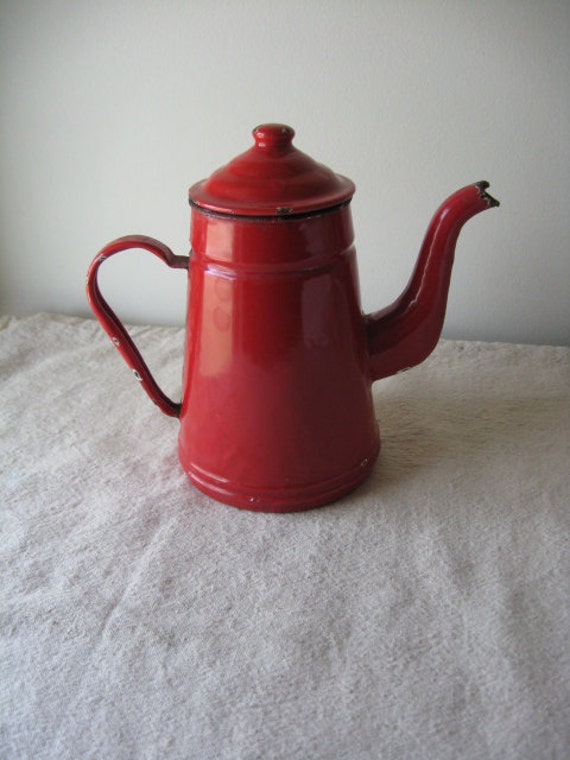 Red Enamel Coffee Pot Vintage Enamelware