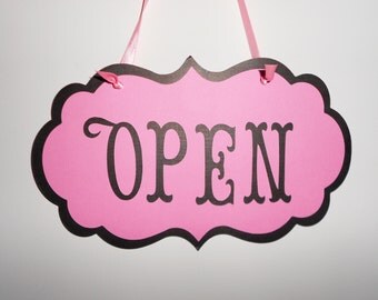 Open and Closed Flip Sign Elegant Die Cut Black and Pink Card Stock ...