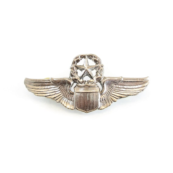 Vintage Aviator Wings Pin Military Shield Star Silver