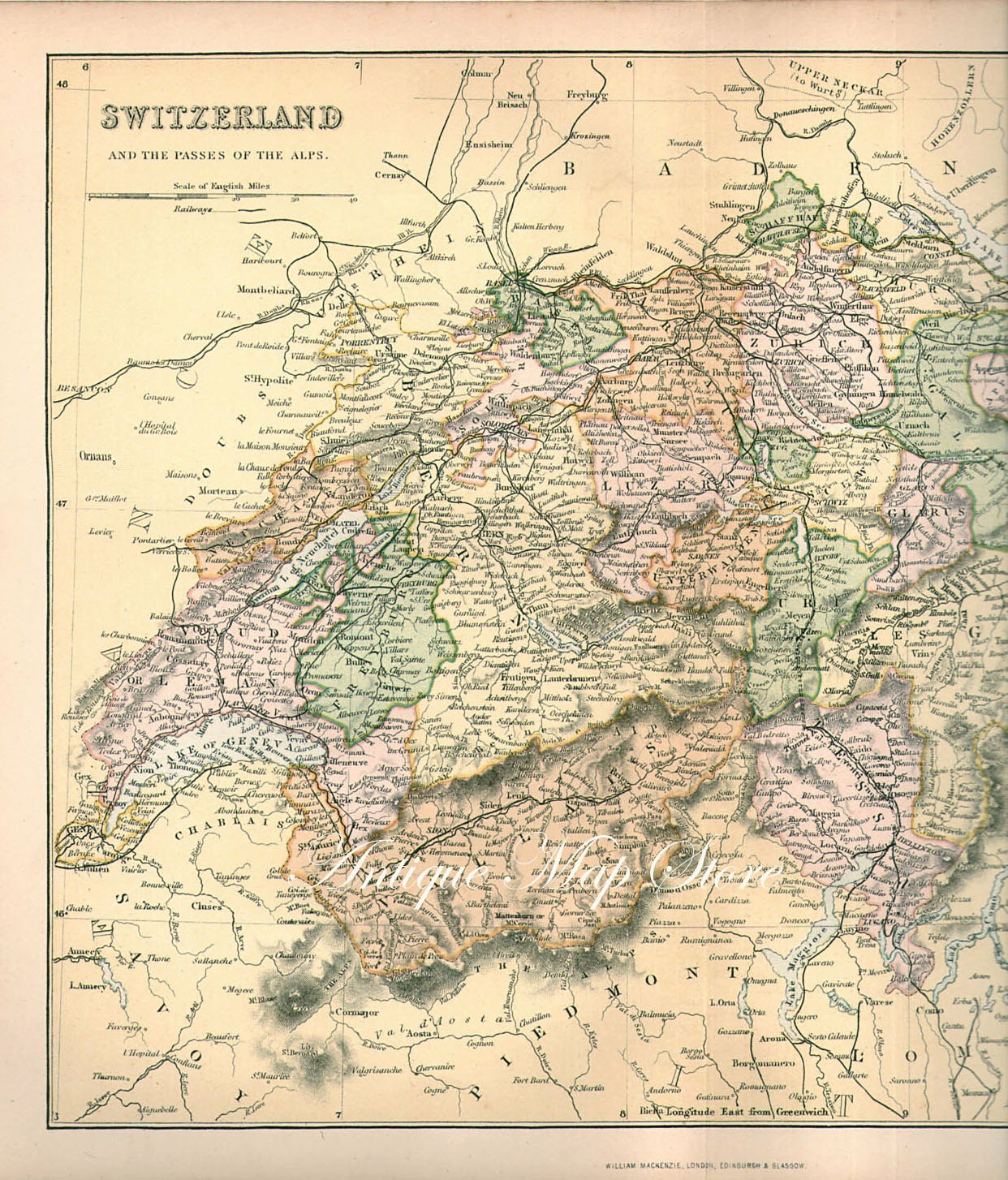 Large Map of SWITZERLAND and Alps 1890 atlas antique map