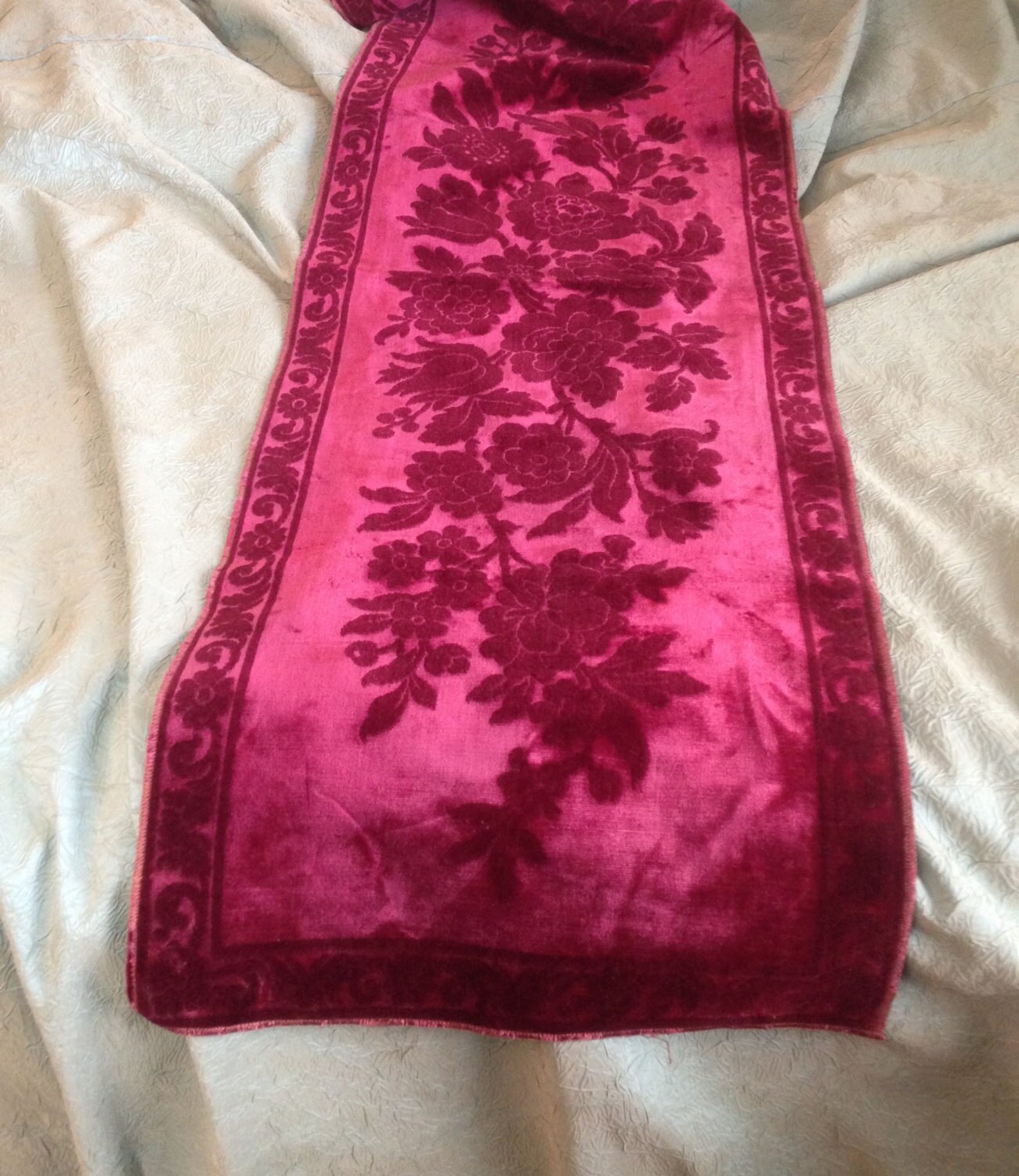 Velvet Table Runner Burgundy Antique Victorian Late 1800s to