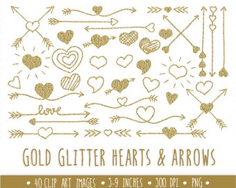 Gold Glitter Hearts and Arrows Clip Art Set. Hand Drawn Doodle Arrows ...