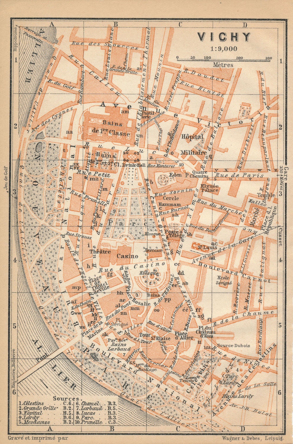 1914 Vichy France Antique Map