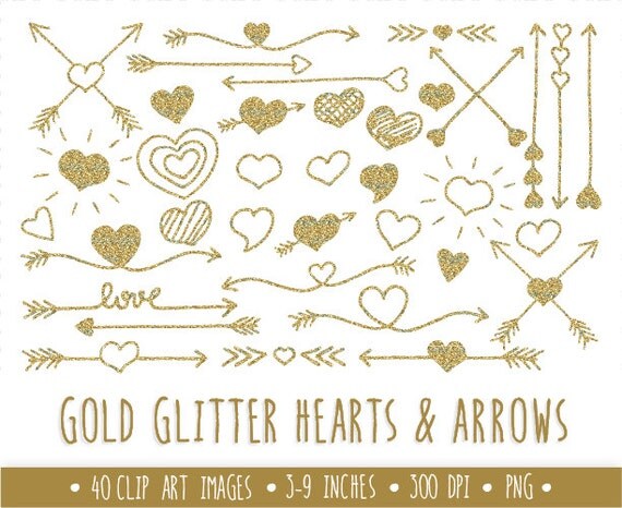 Gold Glitter Hearts and Arrows Clip Art Set. Hand Drawn Doodle Arrows ...