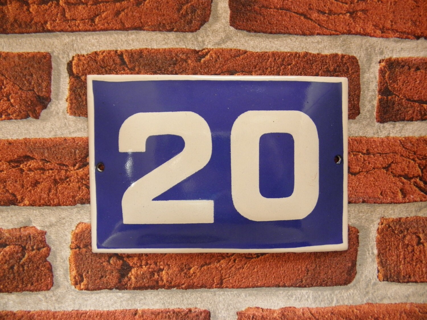 Vintage Sign House Door Number 20 Blue and White Enamel Metal