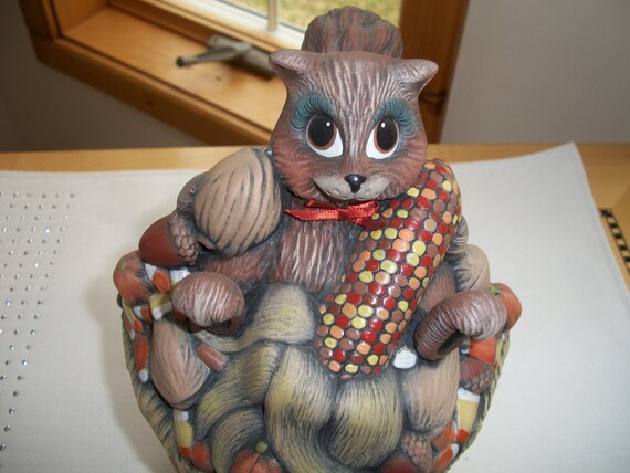 Ceramic HalloweenFallSquirrel candy cornpeck basket