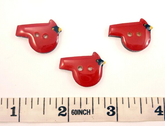3 Primitive Wooden Red Cardinal Bird Novelty Sewing Buttons.