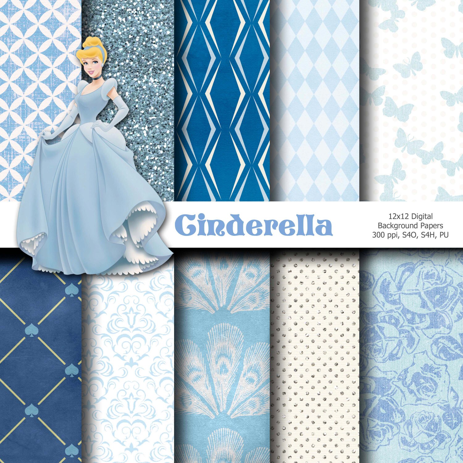 Cinderella 12x12 Digital Paper Backgrounds for Digital