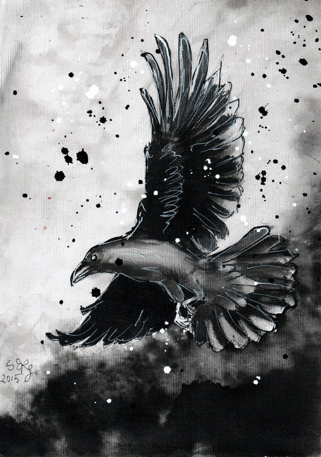 Ink drawing on canvas A4 Raven flying in rainstorm