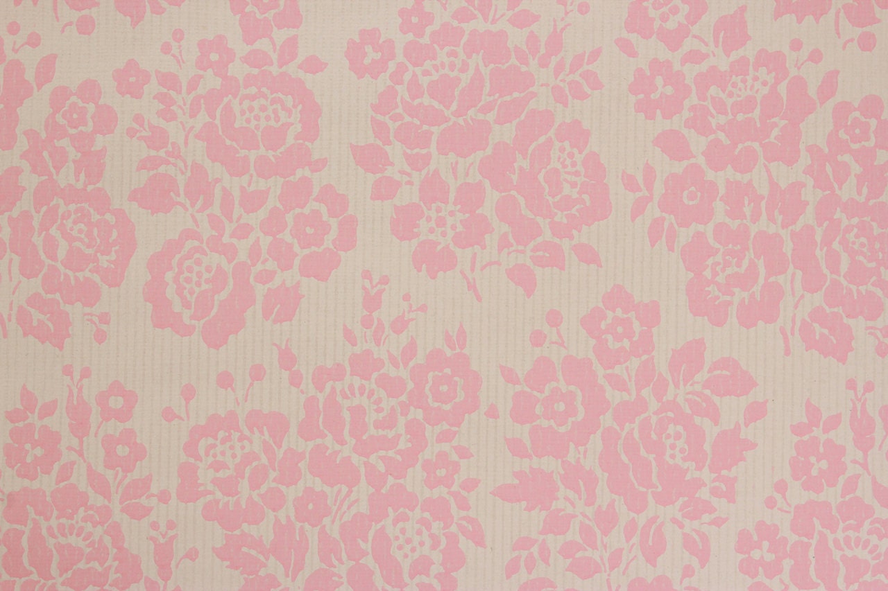 1960's Vintage Wallpaper Pink Rose Bouquets on White by