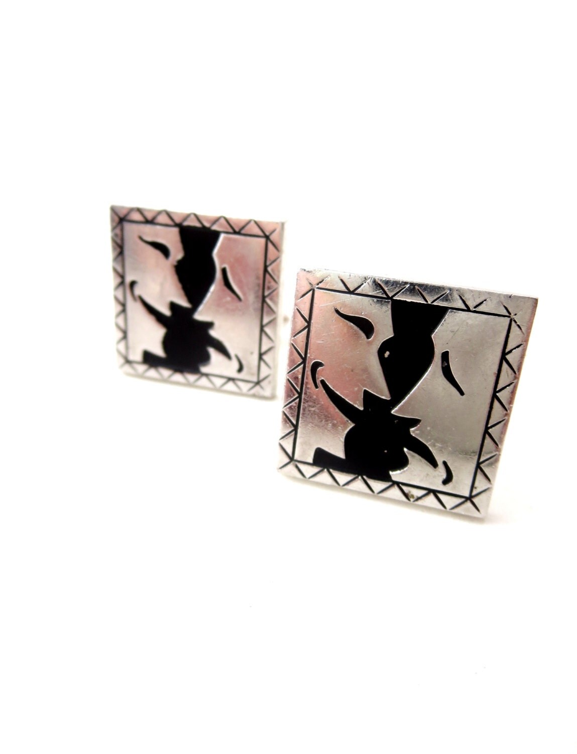 Silver tone Black Enamel Square Shaped Swank Signed Comedy & Tragedy ...