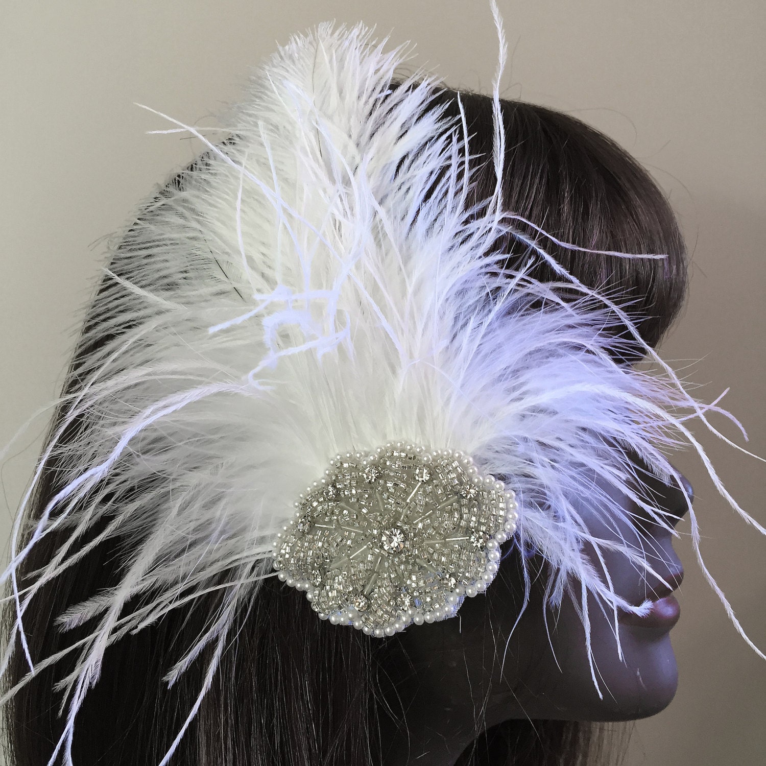 Bridal Rhinestone Fascinator White Feather Beaded Rhinestone Accent ...