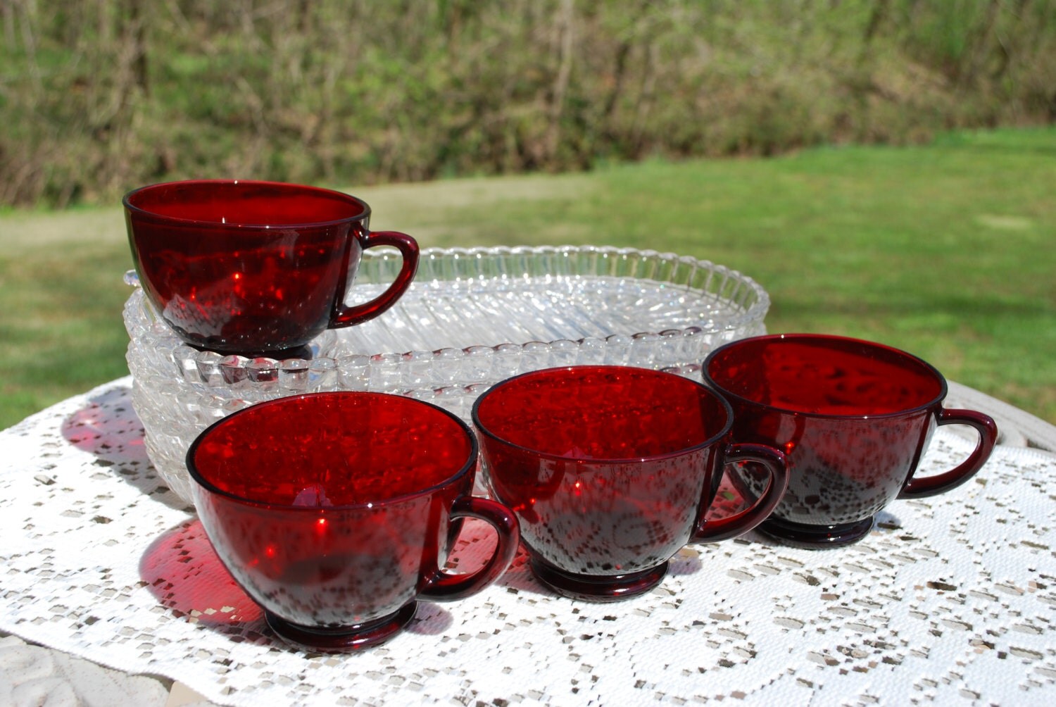 Eight Piece Anchor Hocking Ruby Red and Crystal Serva-Snack Set ...