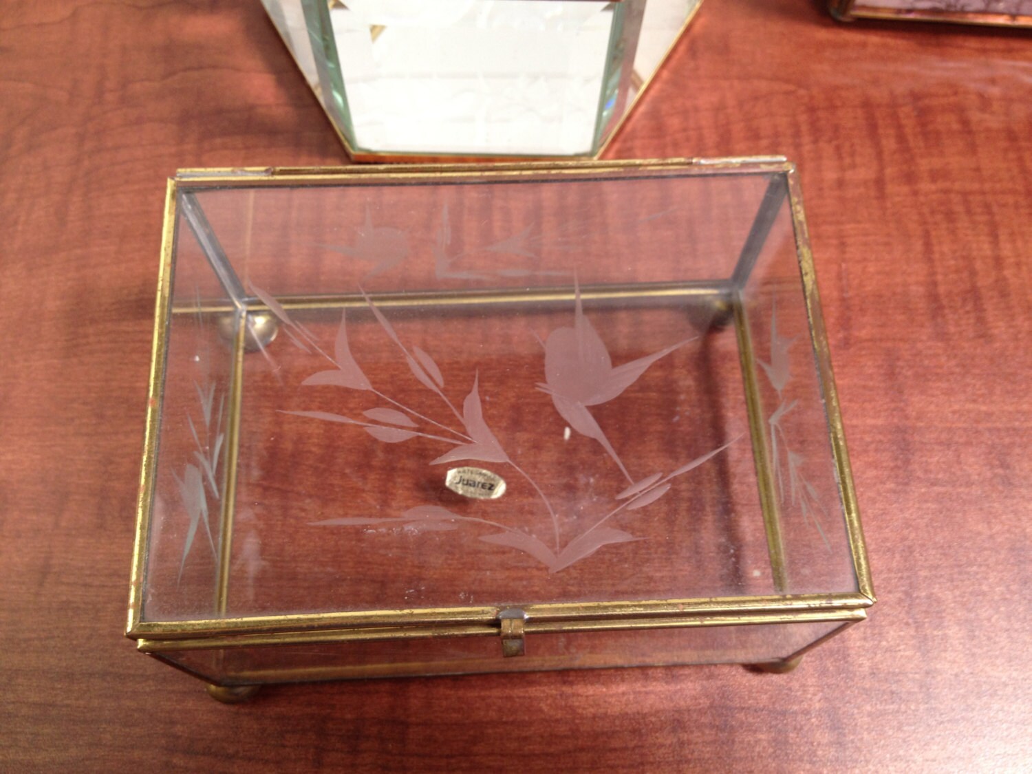 Vintage Glass and Brass Metal Display Box with etched bird design- cake ...