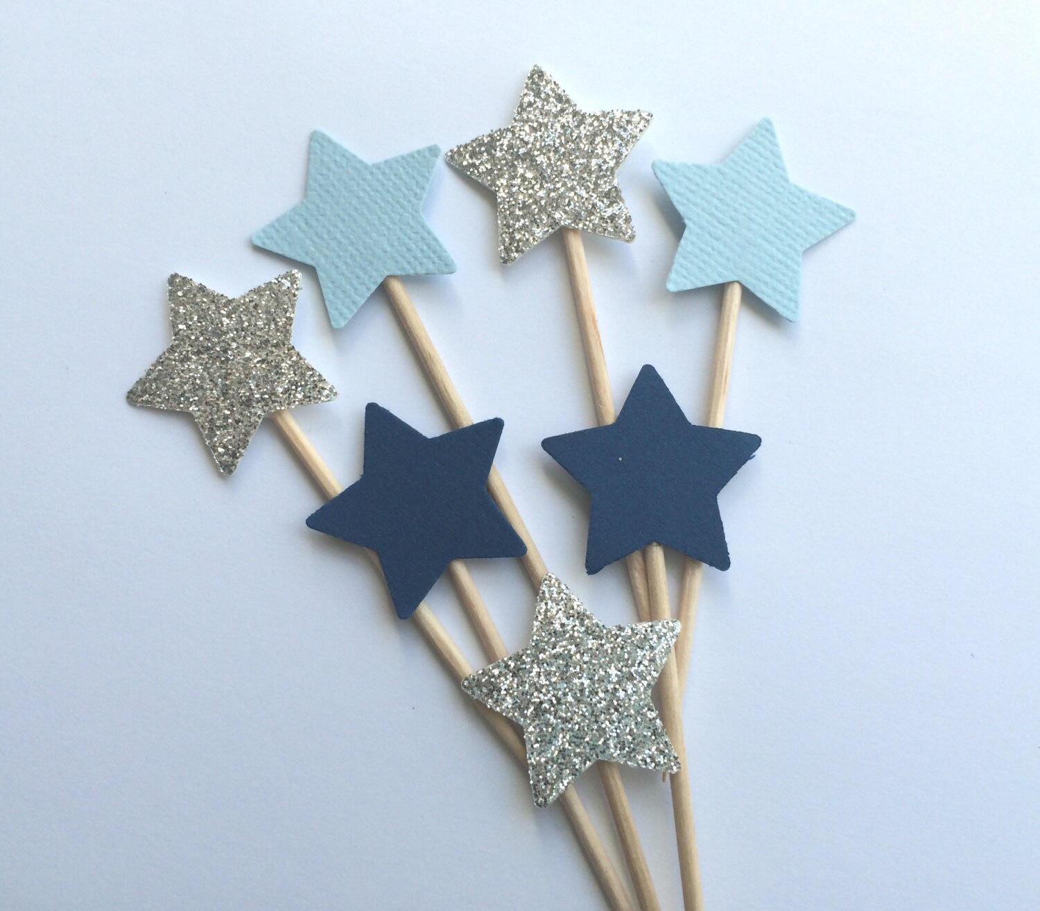 Small Star Cupcake Toppers In Light Blue Navy Silver