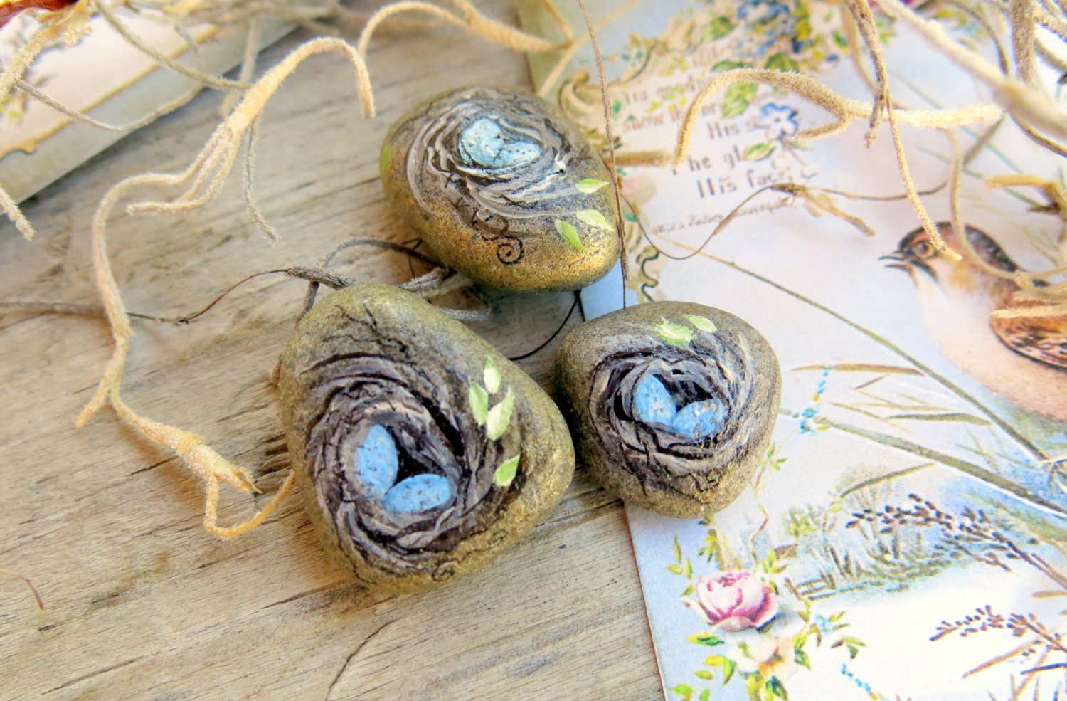Hand Painted Miniature Rock. Bird Nest. Beach Pebble. Mini