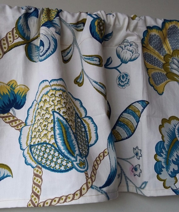 Blue and gold floral valance on white background by OriginalsByEva