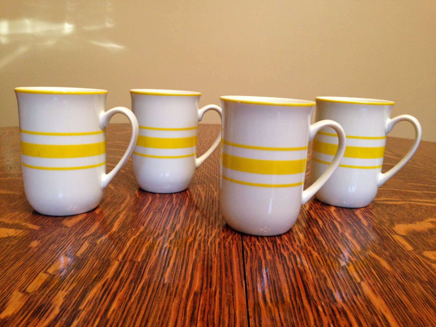 Vintage White with Yellow Stripes Ceramic Mugs, Set of 4 Retro Mod ...
