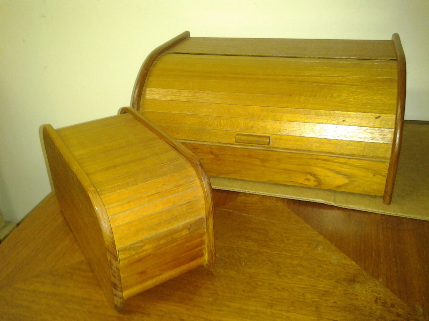 Kitchen ware two superb mid century modern Danish roll top boxes bread box and receipe card ...