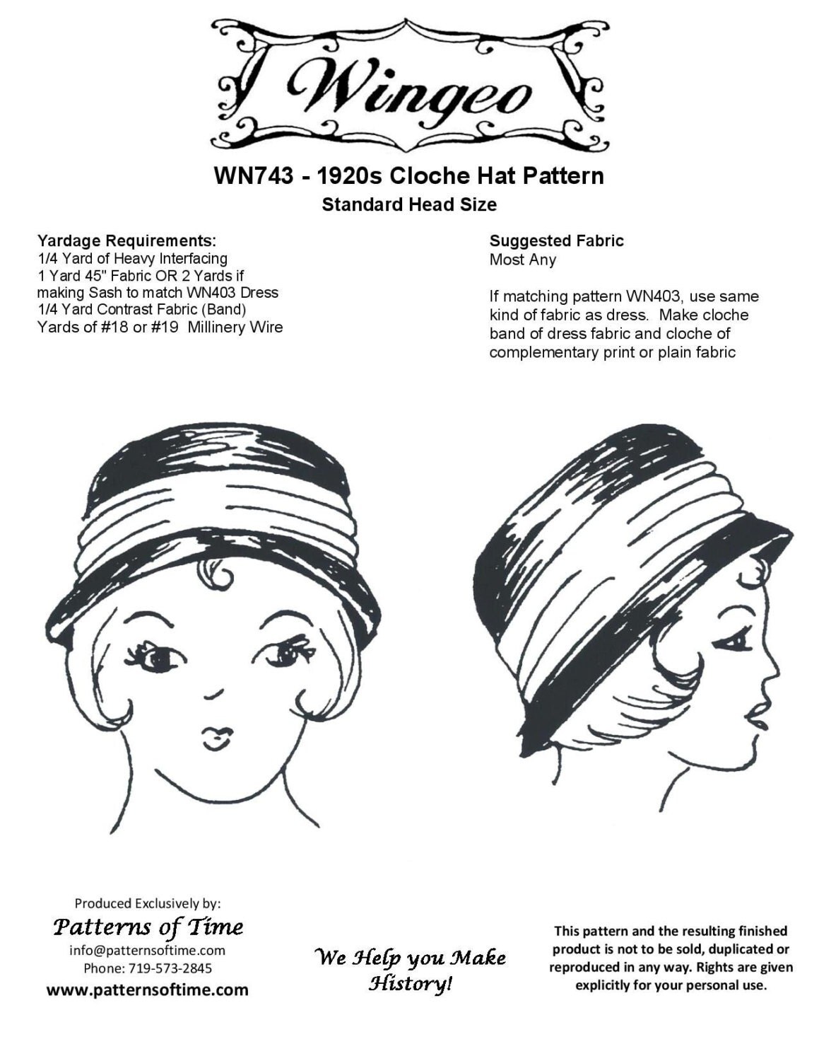 WN743 1920's Cloche Hat Sewing Pattern by Wingeo