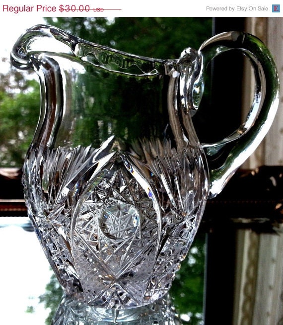 ON SALE Vintage Heavy Notch Handle Star Diamond Pattern Cut Crystal ...