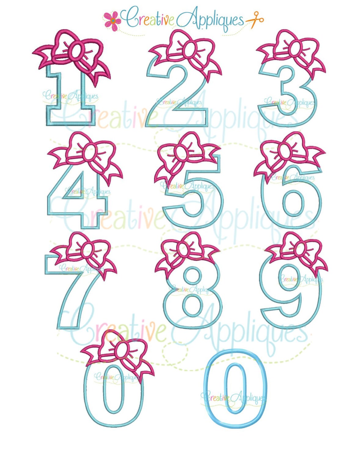 Bow Numbers Birthday Set Applique Digital Machine Embroidery