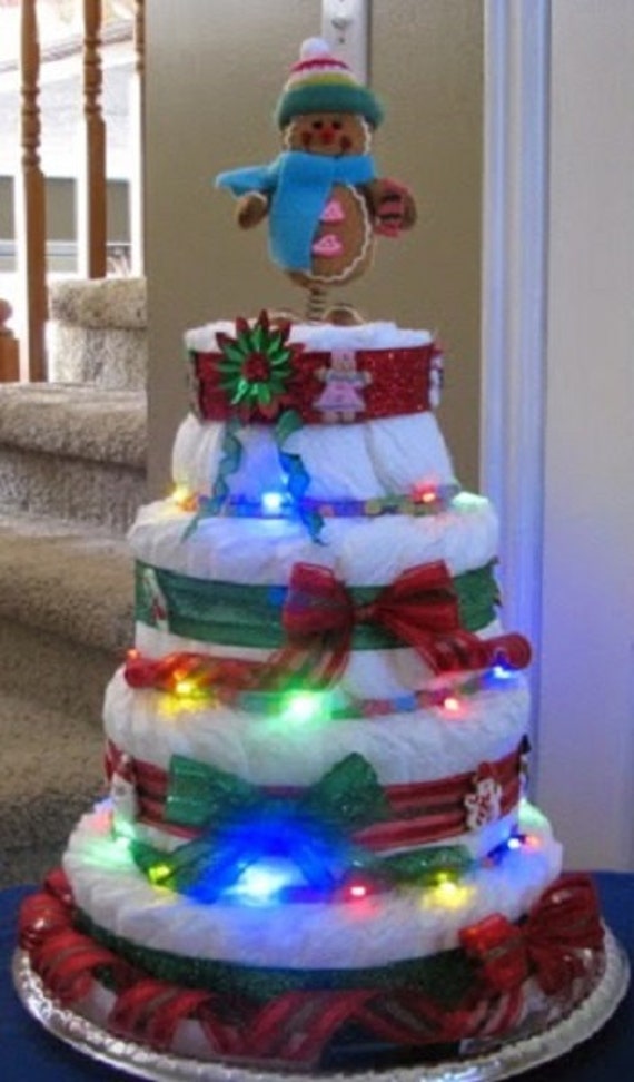 4 TIER Lighted Christmas Tree Diaper Cake
