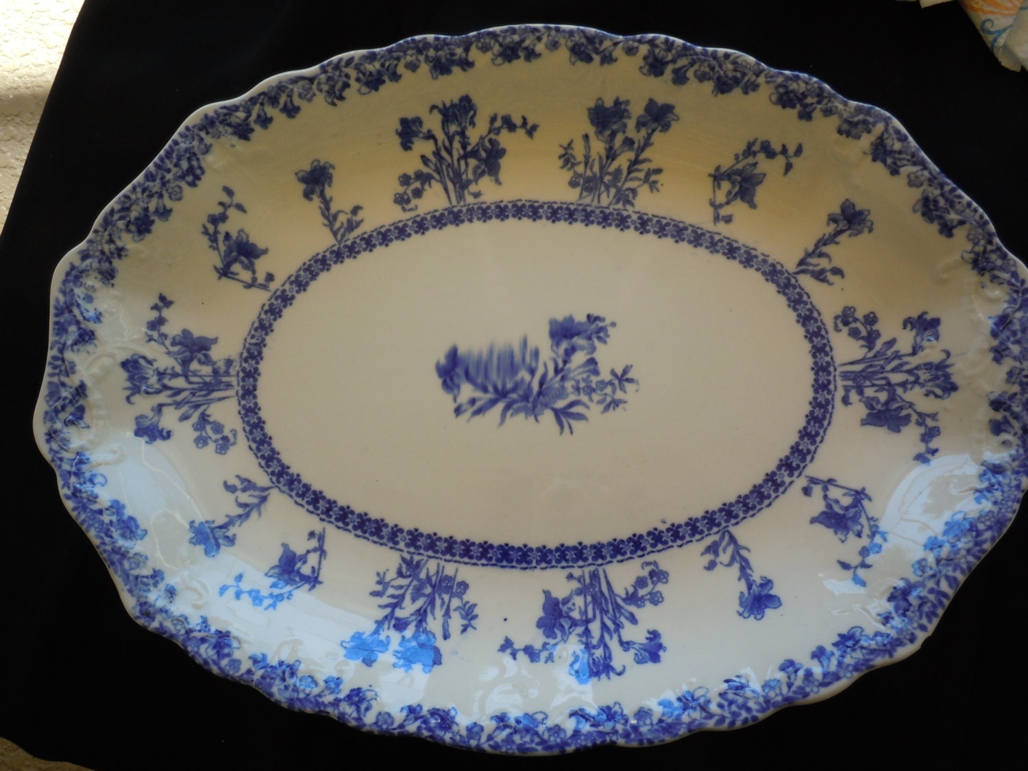 New Wharf Pottery, Antique Flow Blue Large Platter, “Louise”, C.1890 ...