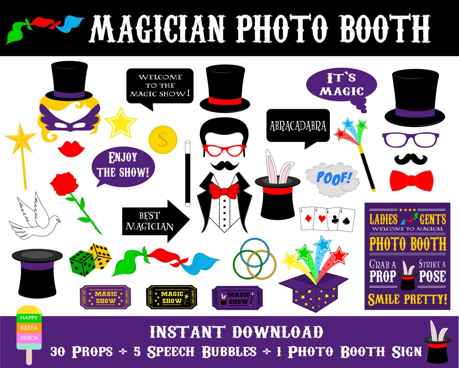 PRINTABLE Magician Photo Booth Props-Photo Booth Sign-Magic