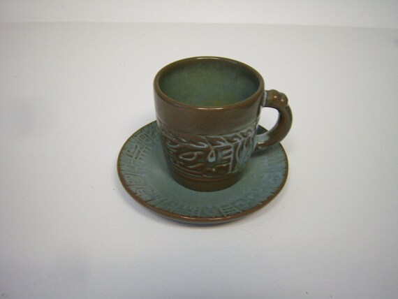 Frankoma Pottery Mayan Aztec Design Woodland Moss Red Clay