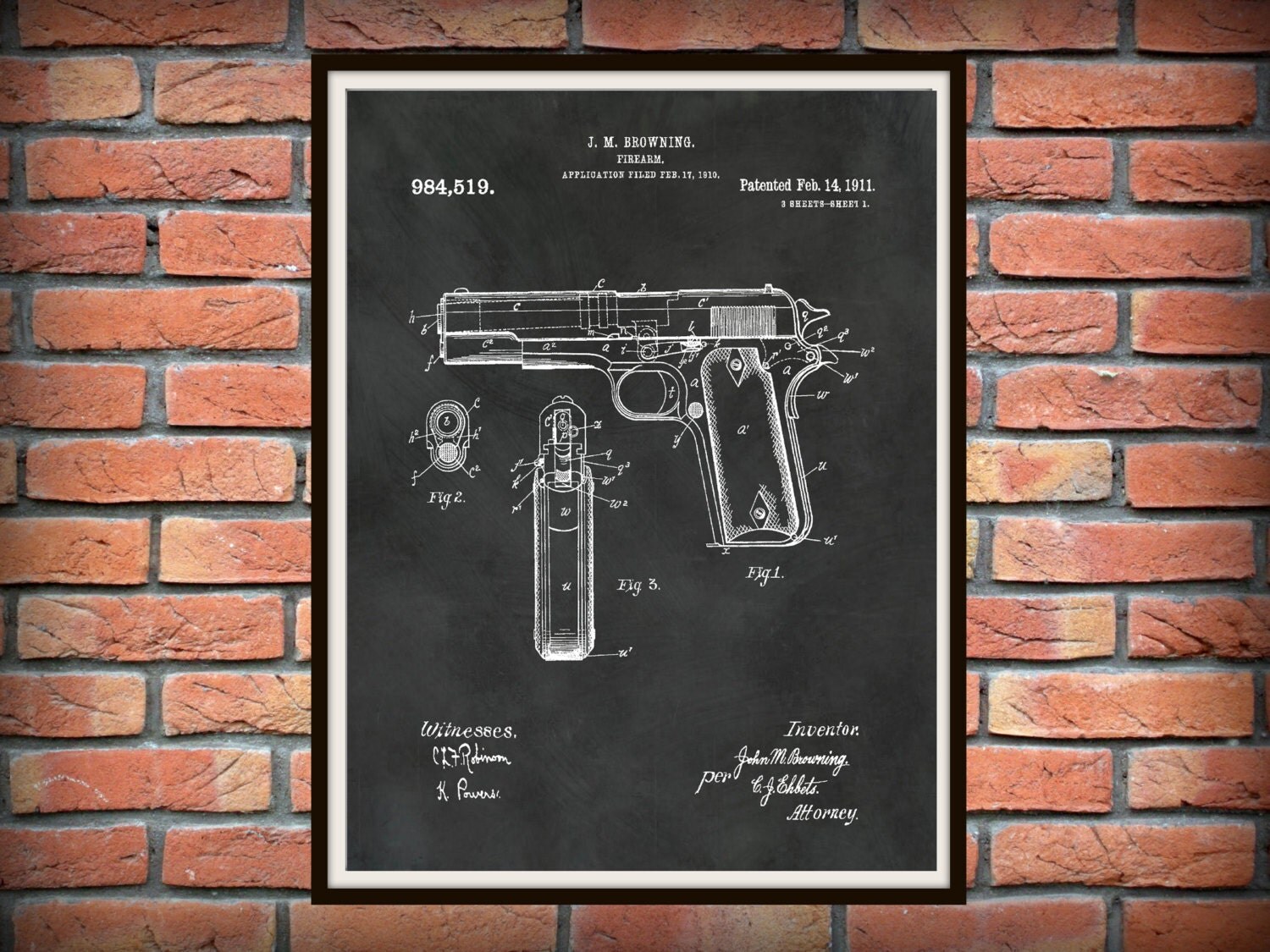 Patent M1911 Browning .45 Caliber Pistol Art Print - Poster - Fire Arm ...