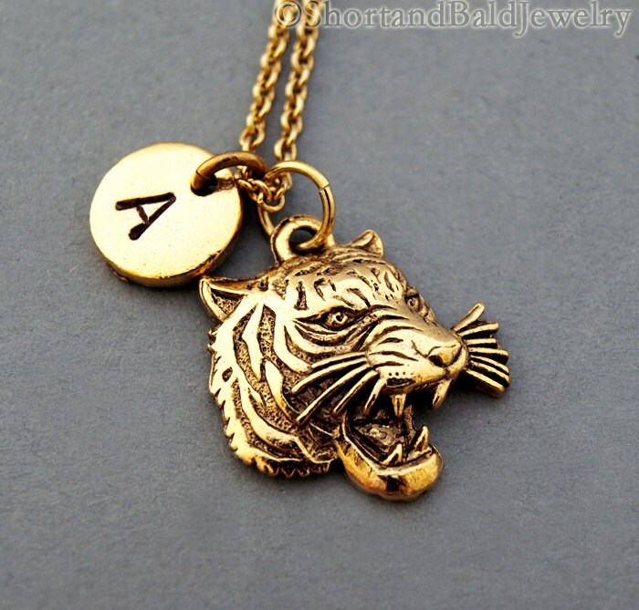 Roaring Tiger head necklace Tiger charm by ShortandBaldJewelry