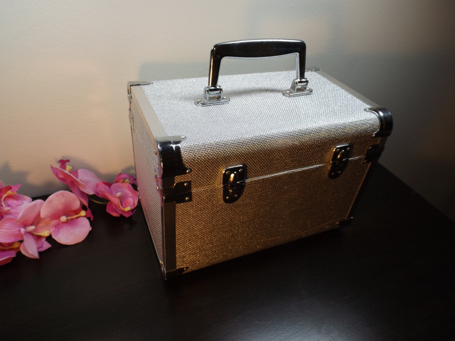 small handled and footed vintage silver tone trunk , jewelry box ...