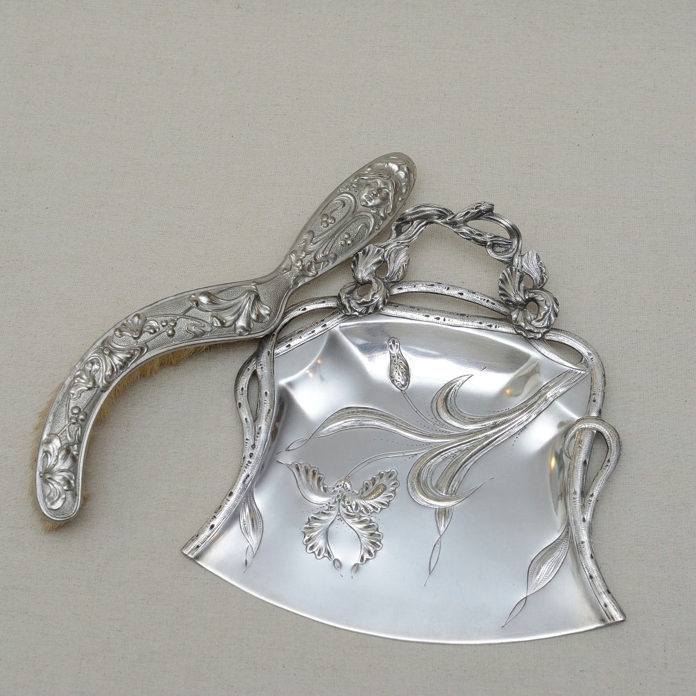 Vintage French Art Nouveau Silver plated Table Crumb set, Tray Scoop ...