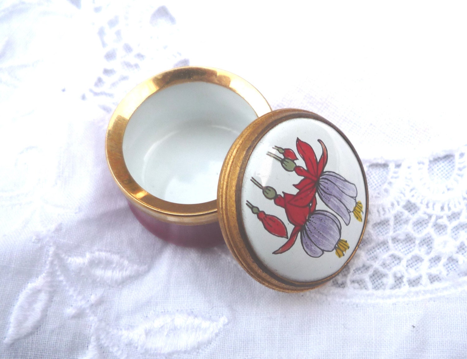 Vintage Red Fuschia Pill Box, Tiny Hand Painted Floral Trinket Box ...