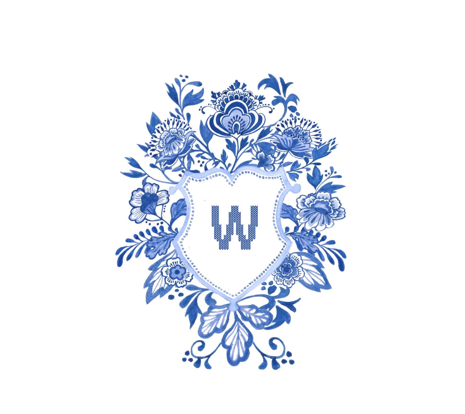 Hand Drawn Custom Floral Crest Monogram flowers ferns