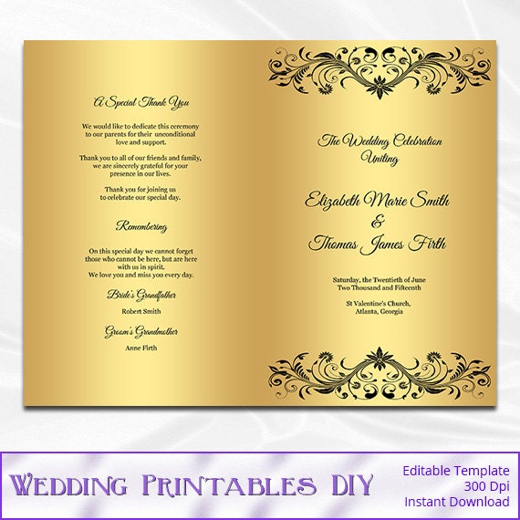 Black and Gold Wedding Program Template Diy Gold Foil
