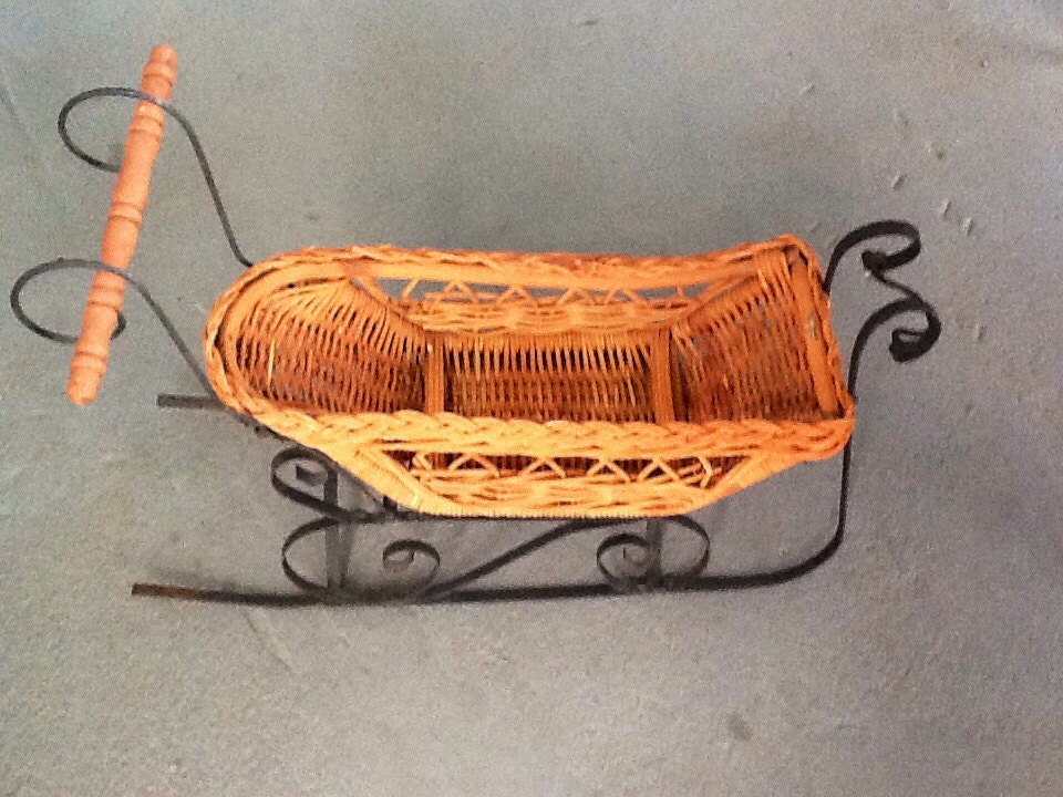 Doll Push Carriage Sled in Wicker with Black Metal Runners and Push ...
