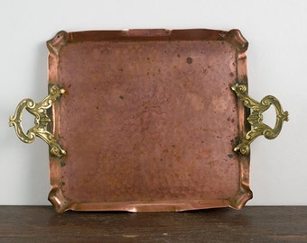 Arts and Crafts Style Hammered Copper Tray with Brass Handles