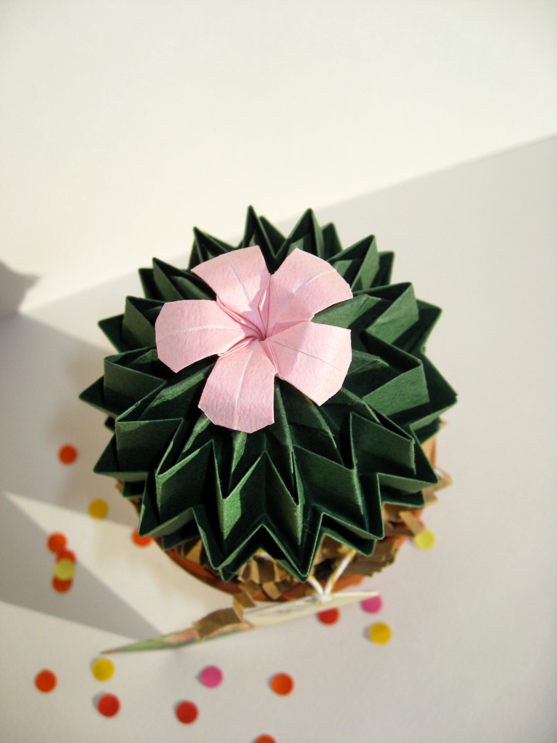 Origami Cactus Succulent Plant Fern Green & Baby Pink Flower