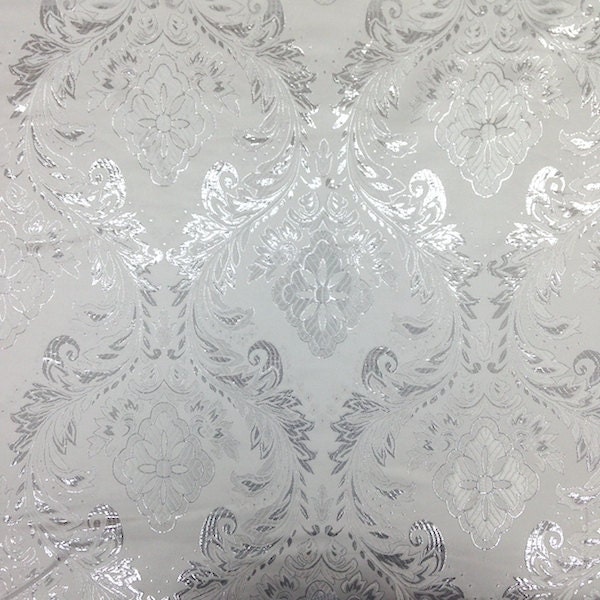 White / Silver Metallic Floral Brocade Fabric