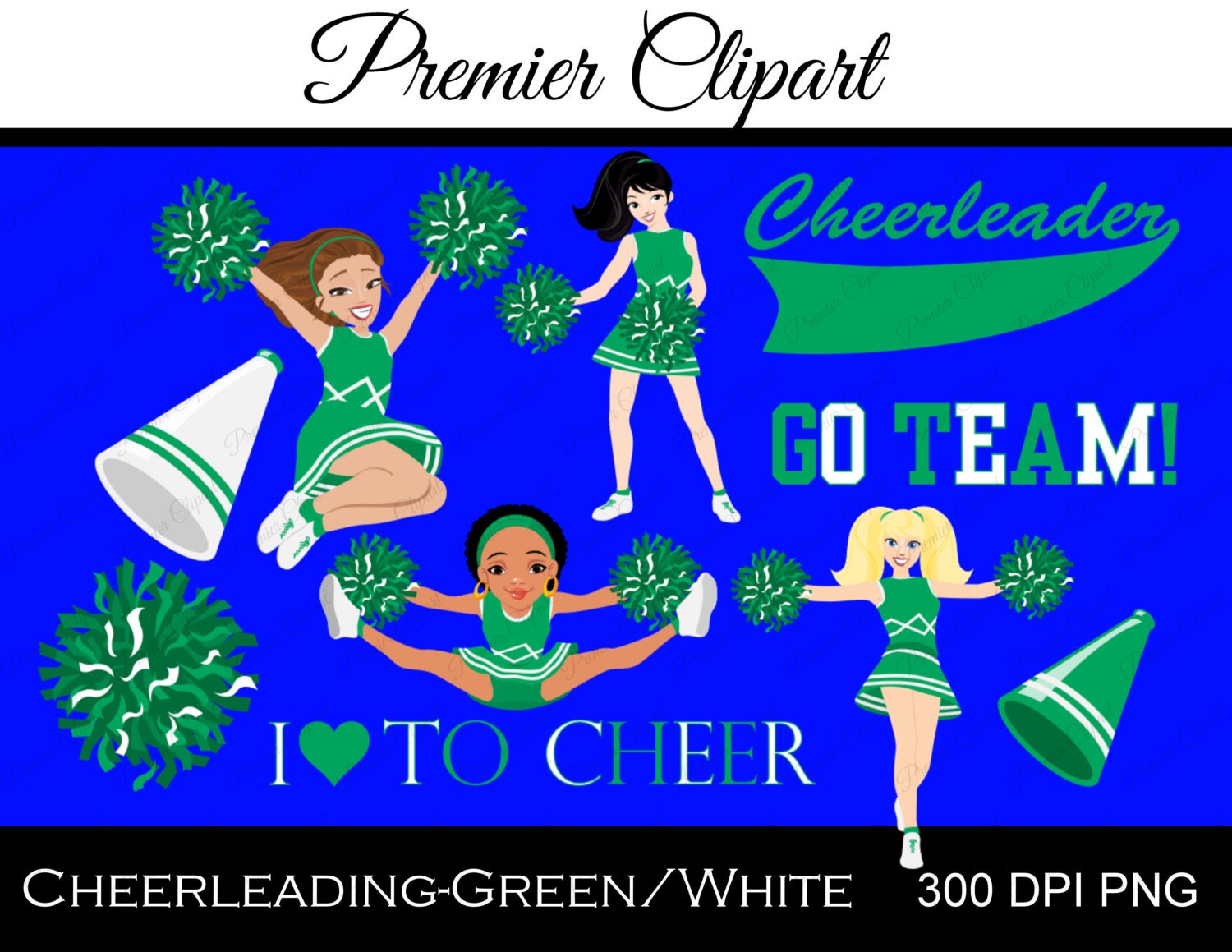 Cheerleading Green & White Digital Clipart