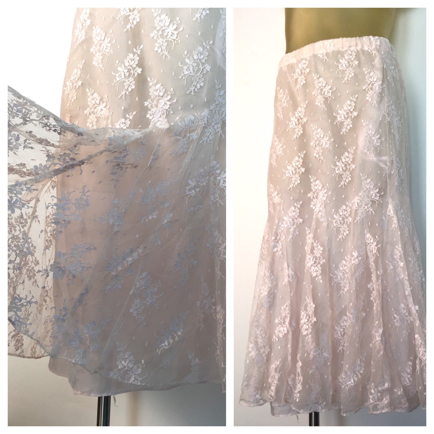 Long Lace Skirt, Pale Pink Almost White Elastic Waist Mid Calf Light ...