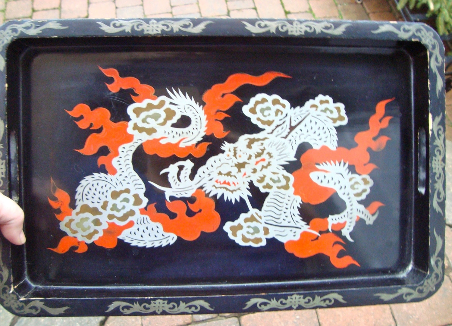 LACQUER DRAGON TRAY Vintage Japanese Black Lacquer Tray With Red and ...