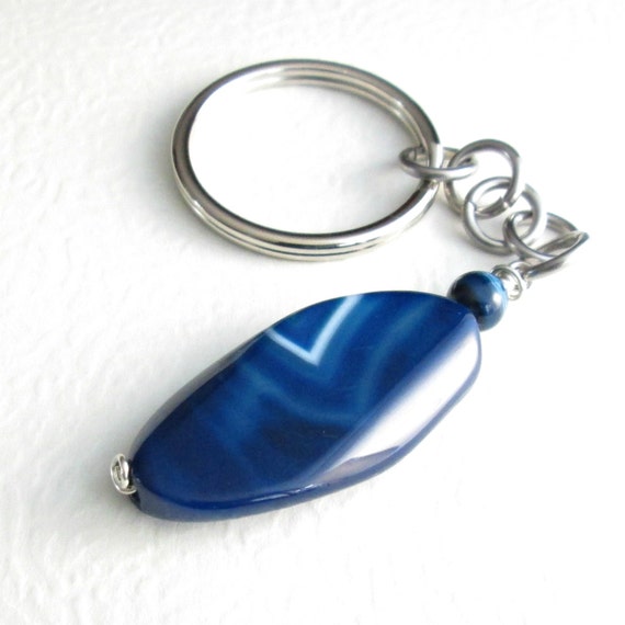 Agate Stone Key Chain Azure Blue Key Fob Handmade by cindylouwho2