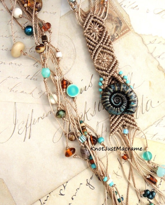 Beach Theme Teal Multi Strand Macrame Necklace Nautilus Shell