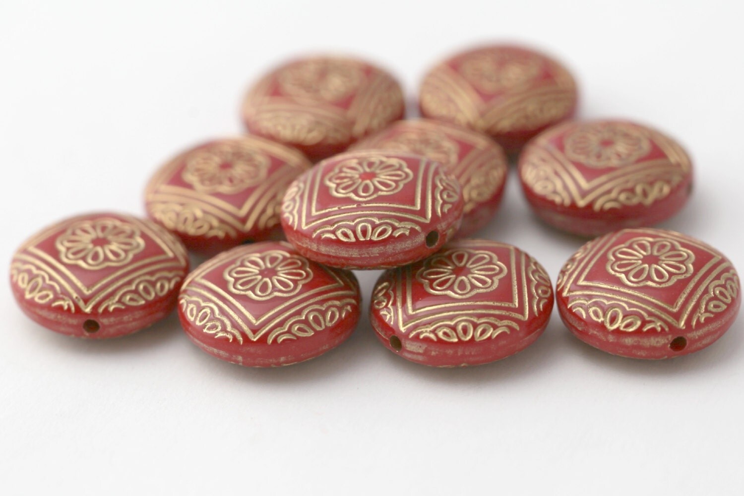 Carved Etched Red Gold Coin Pillow Beads 29mm by ReductionNation